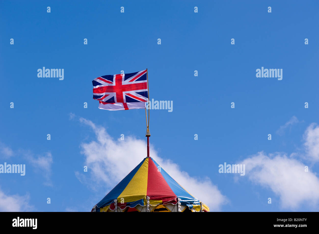 British and English flags on a funfair castle Ealing W5 London United ...