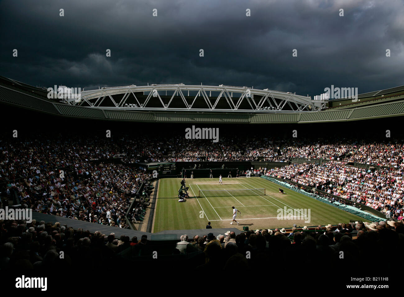 View of Centre Court showing the new roof sections as dark clouds ...