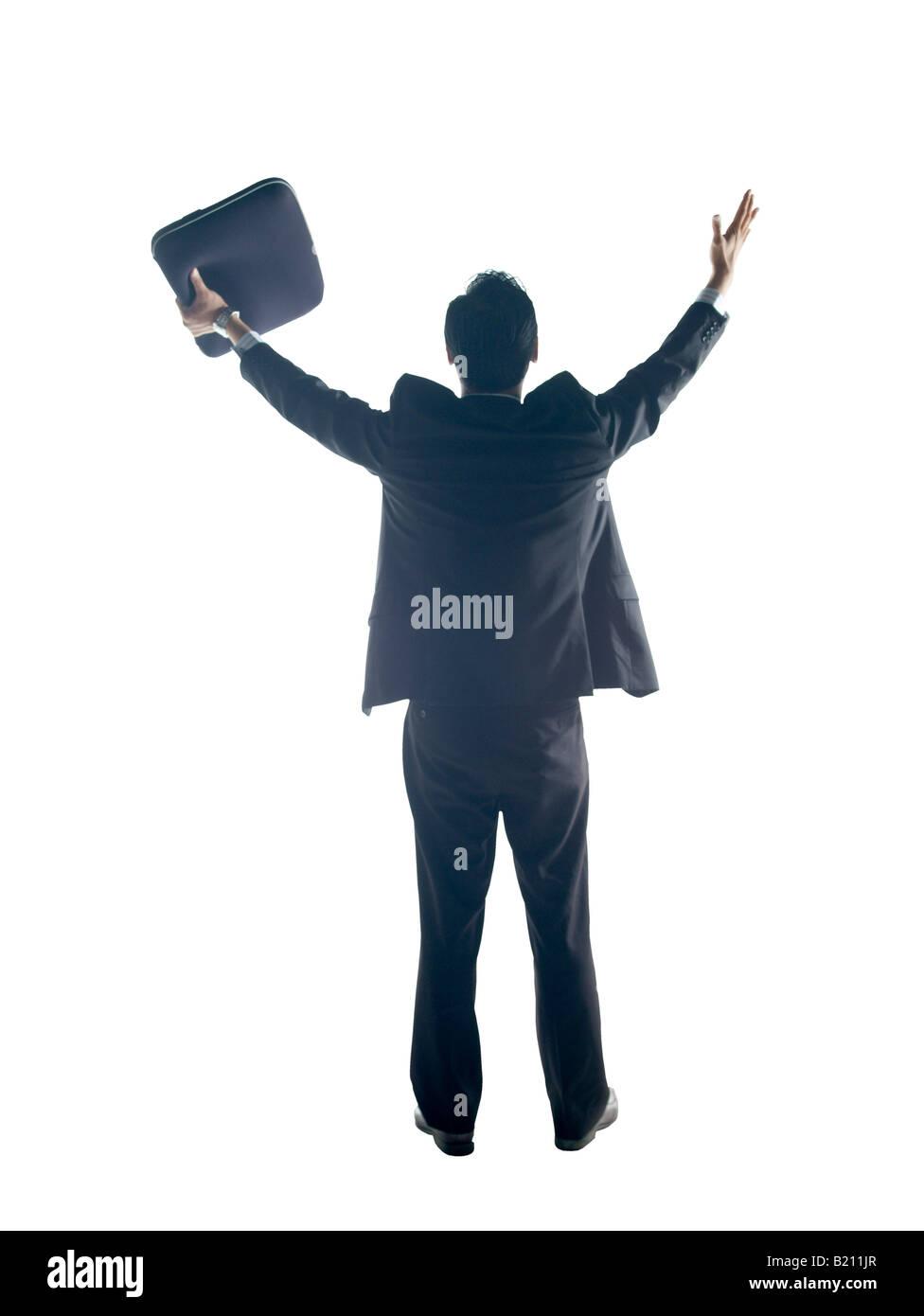 Back of a working adult open his two arms and one hand holding a ...