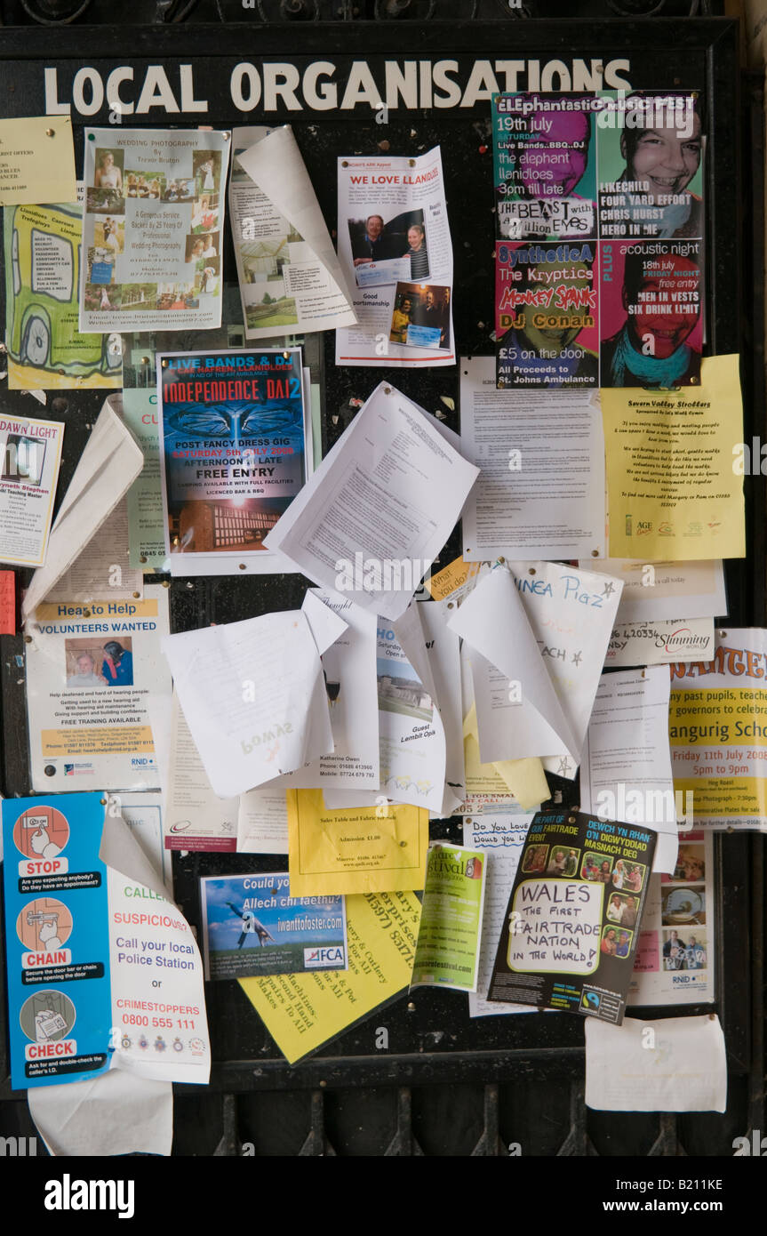 Adverts flyers and posters for local organisations pinned to a ...