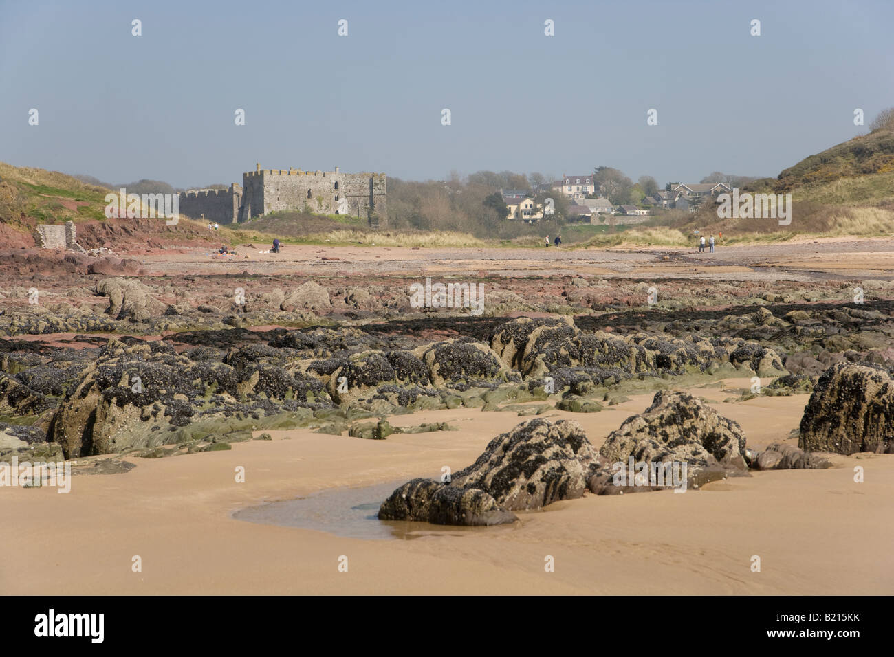 View of Manorbier Castle from the beach, Manorbier, Pembrokeshire Stock ...