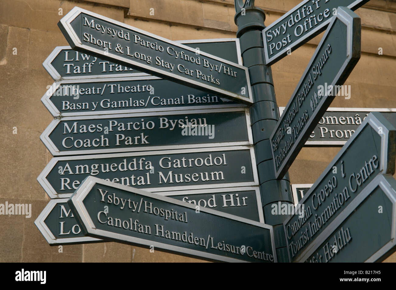 Bilingual welsh english Tourist information signs in Brecon Powys Wales ...