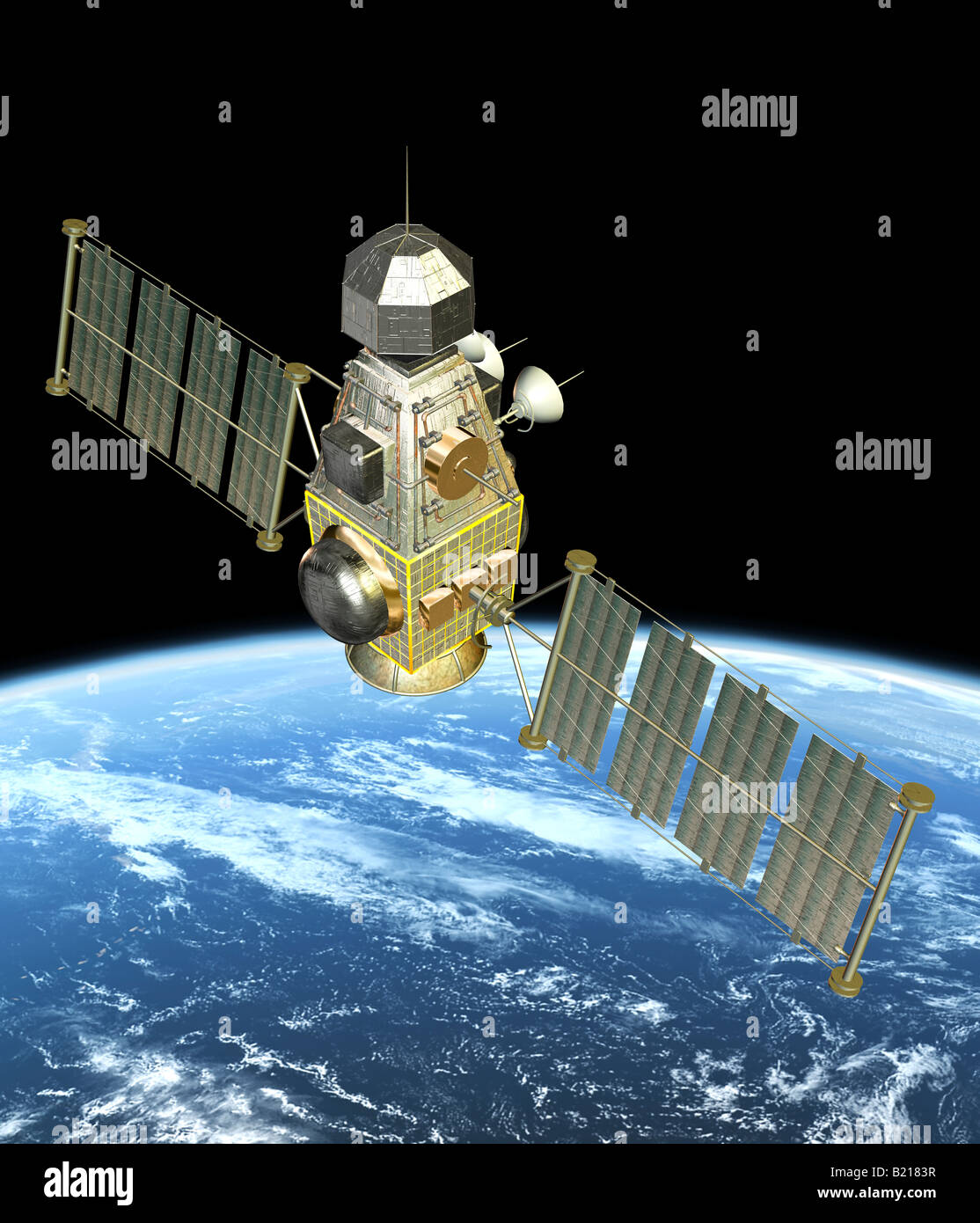 computer generated space vehicle flying above the earth Stock Photo - Alamy