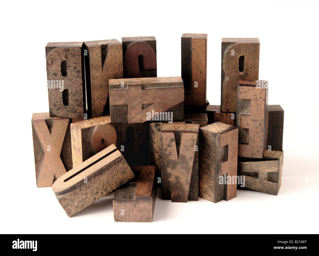 an arrangement of old, ink-stained letterpress wood type Stock Photo ...