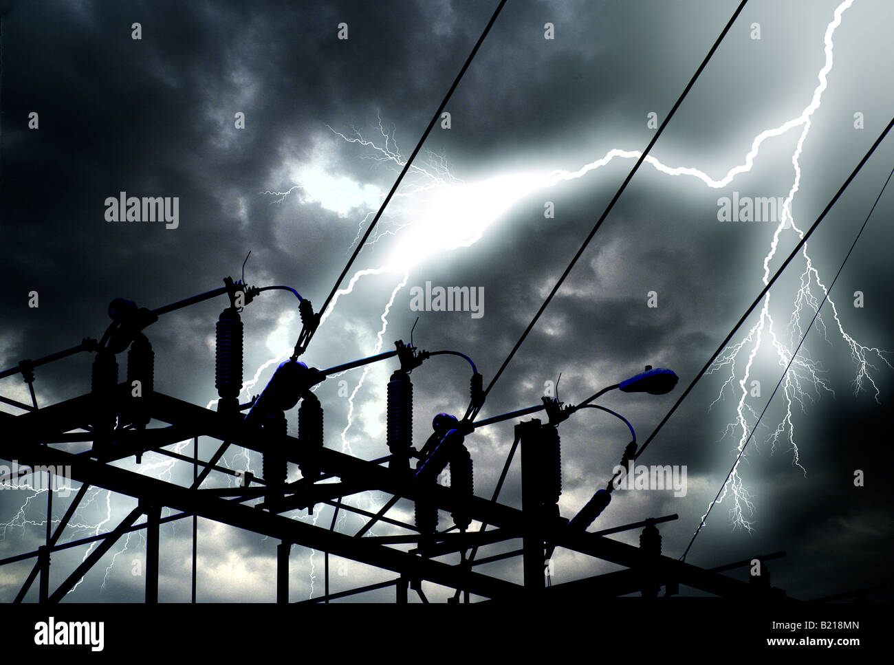 lightning strike near electric power substation at night Stock Photo ...