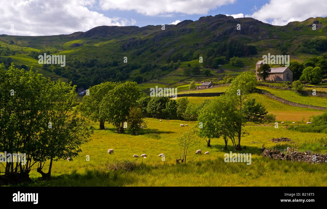 View of the village of Kentmere and the surrounding hills in the Lake ...