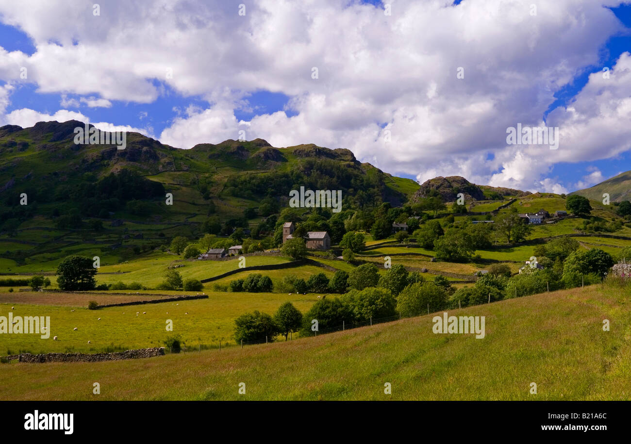 View of the village of Kentmere and the surrounding hills in the Lake ...
