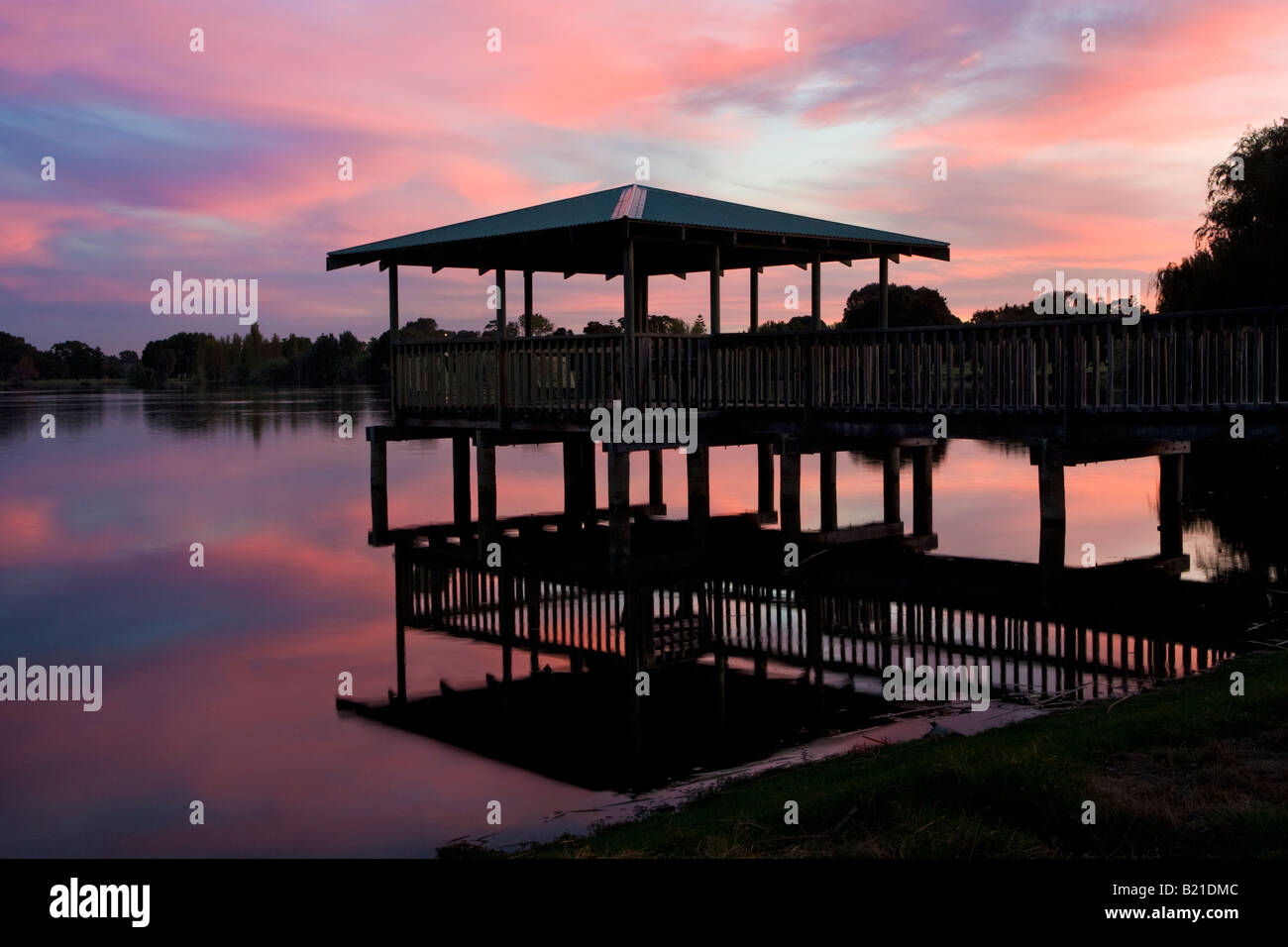 A wildlife viewing platform at Lake Monger Reserve at sunset. Perth ...