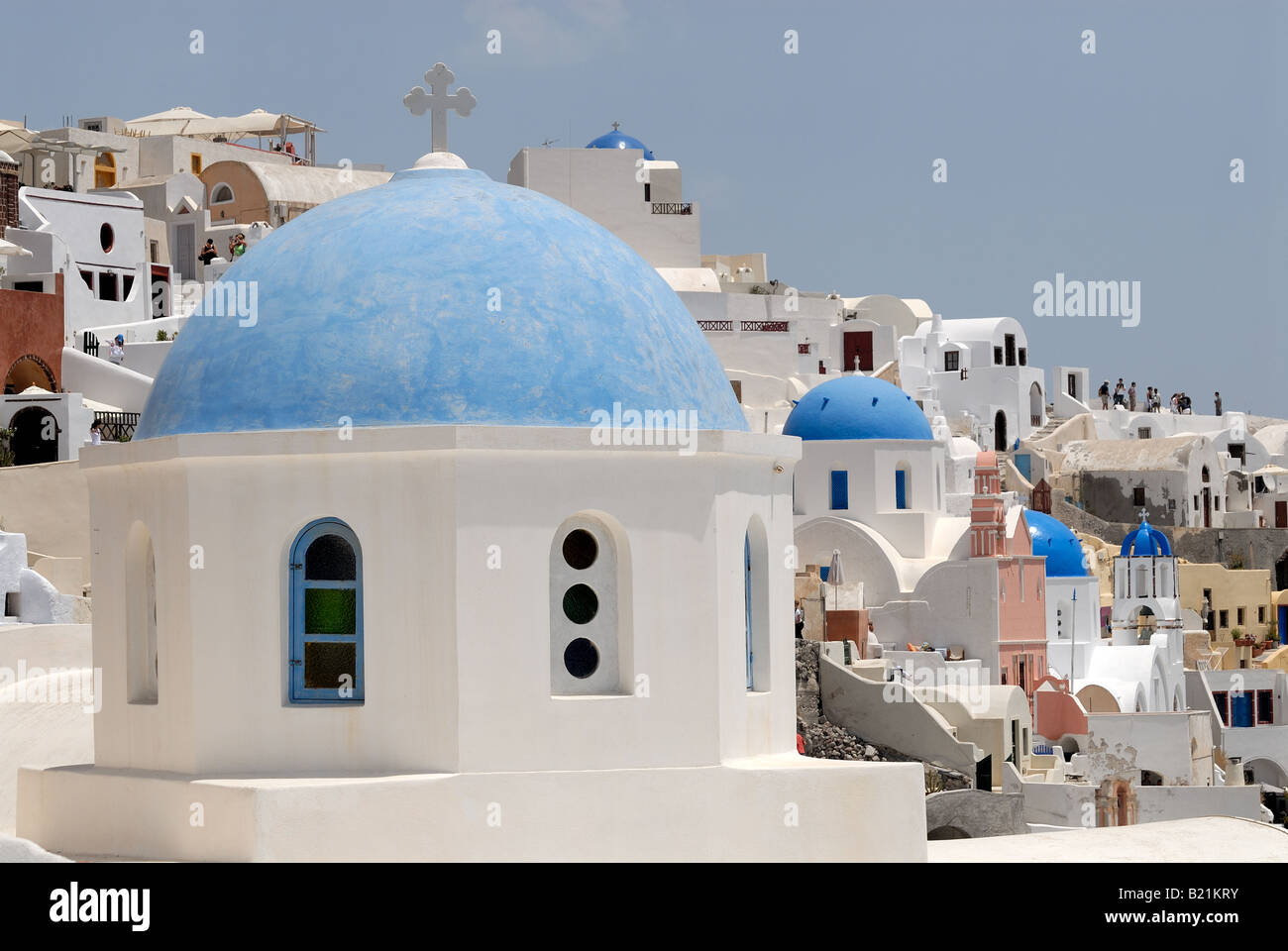 Greek church with blue cupola in Santorini, Greece Stock Photo - Alamy