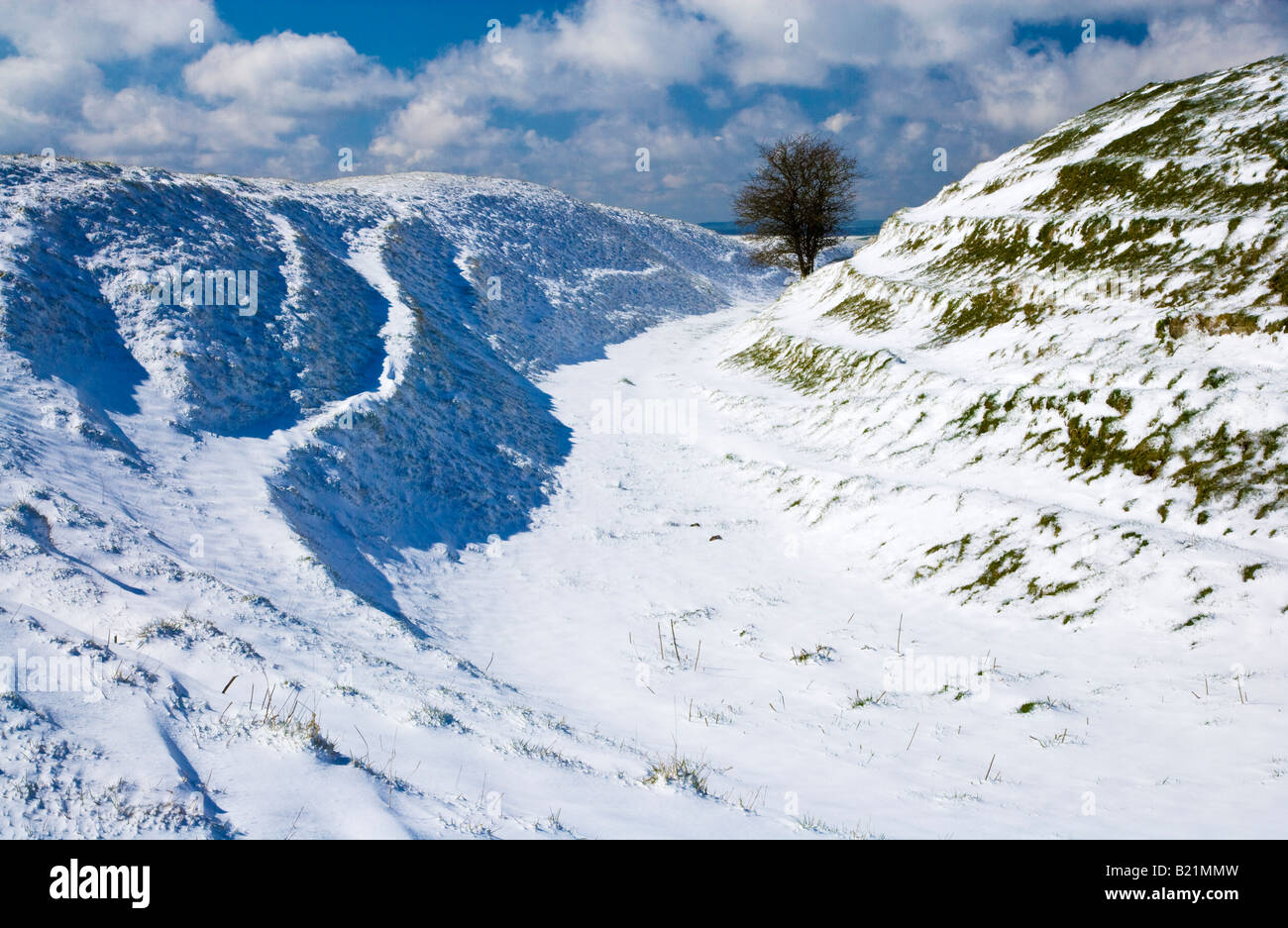 Snow covered ramparts at the Iron Age hill fort of Liddington Castle in ...