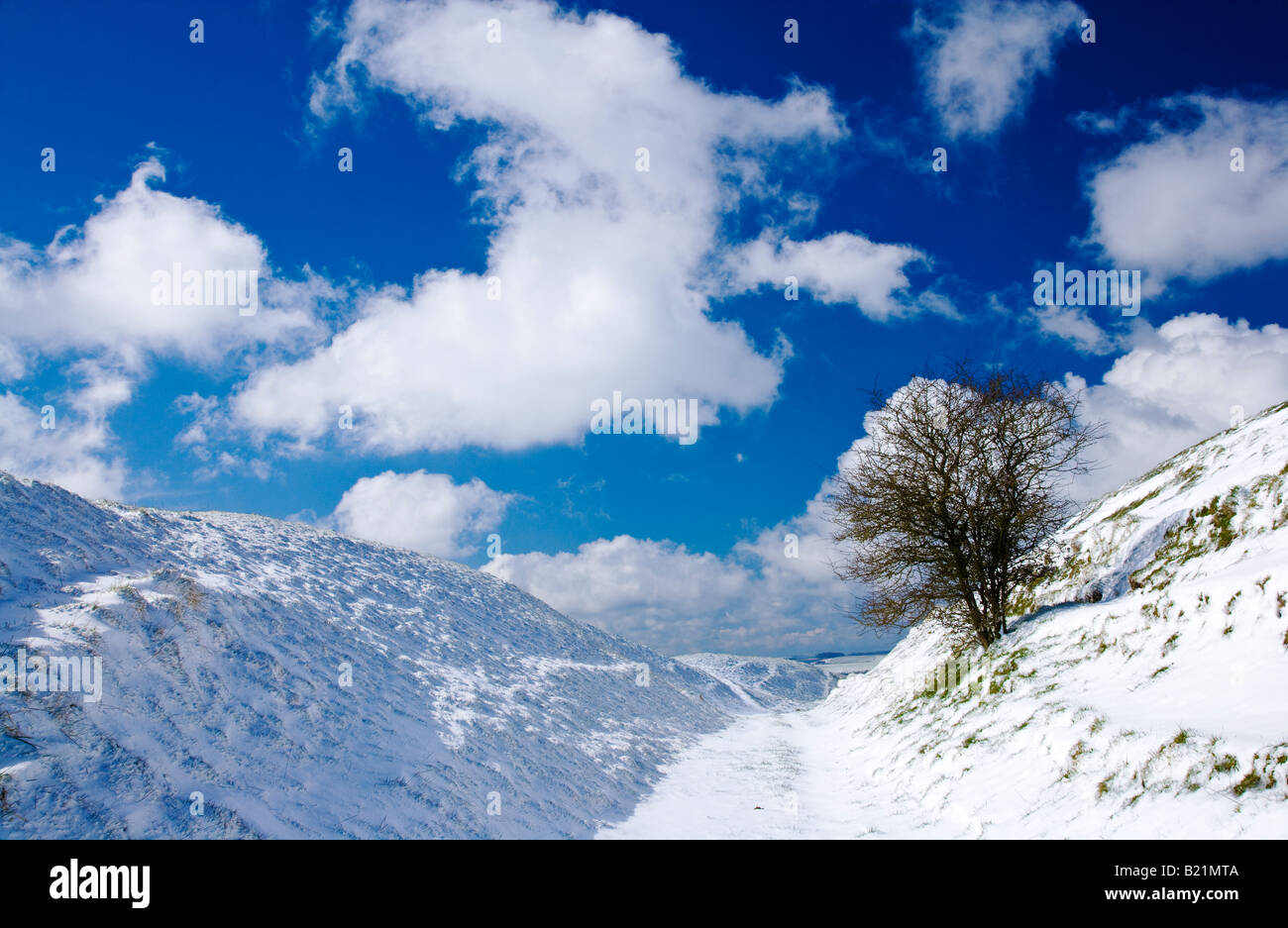 Snow covered ramparts at the Iron Age hill fort of Liddington Castle in ...