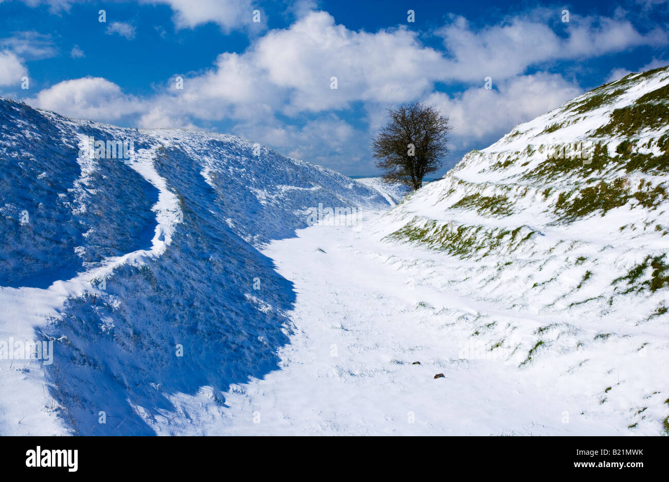 Snow covered ramparts at the Iron Age hill fort of Liddington Castle in ...