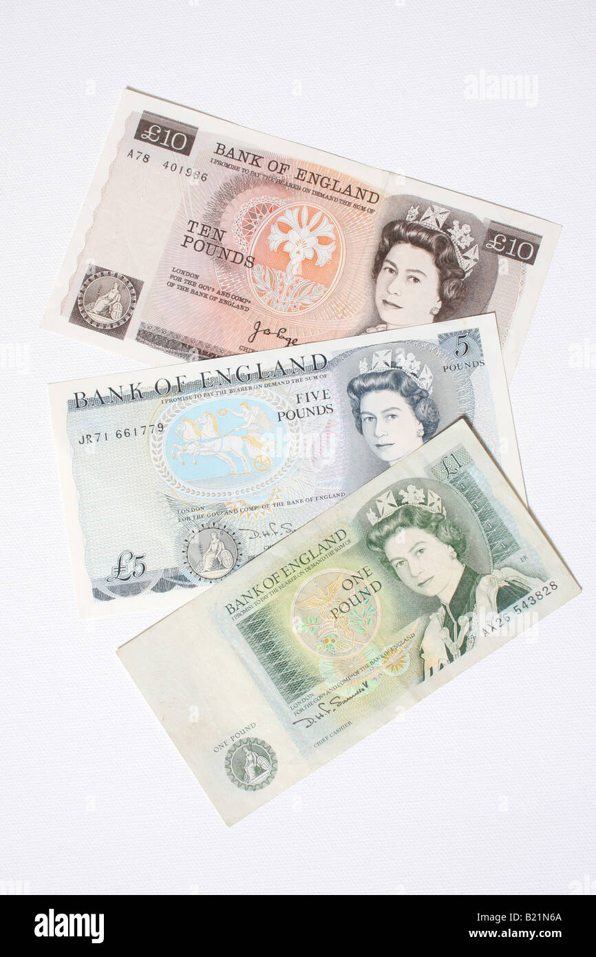 English old ten five and one pound notes Stock Photo - Alamy