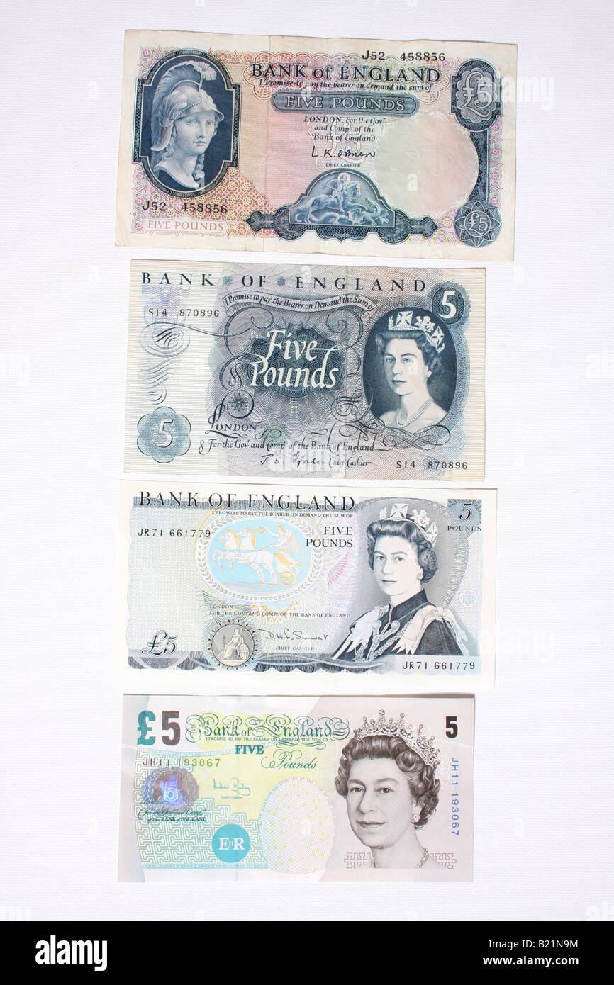 Four different English five pound notes spanning sixty years Stock ...