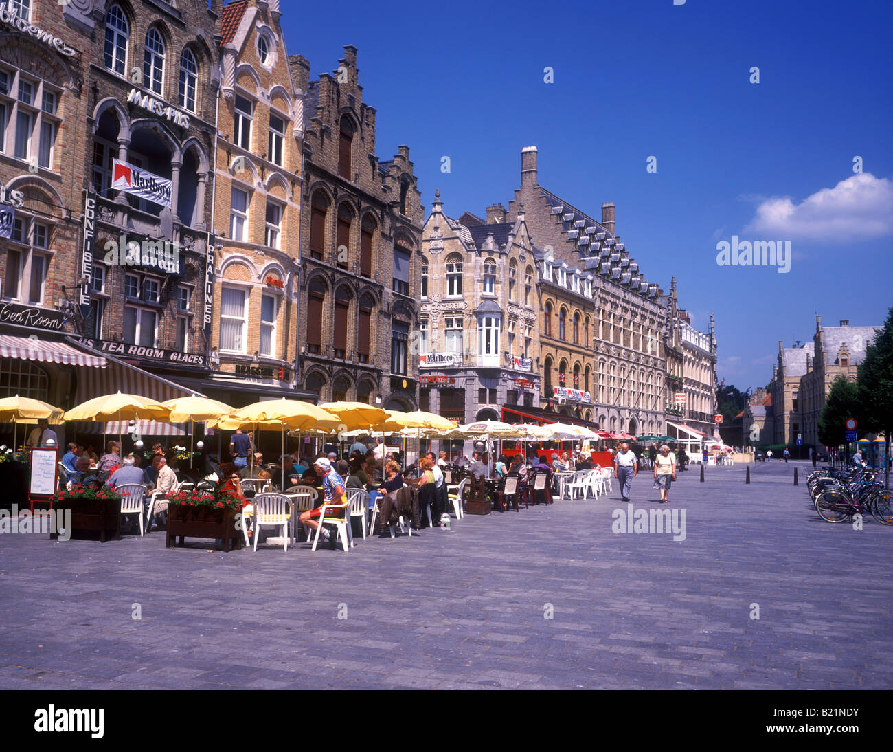 Open air cafes and restaurants in a large square in the Flemish city of ...
