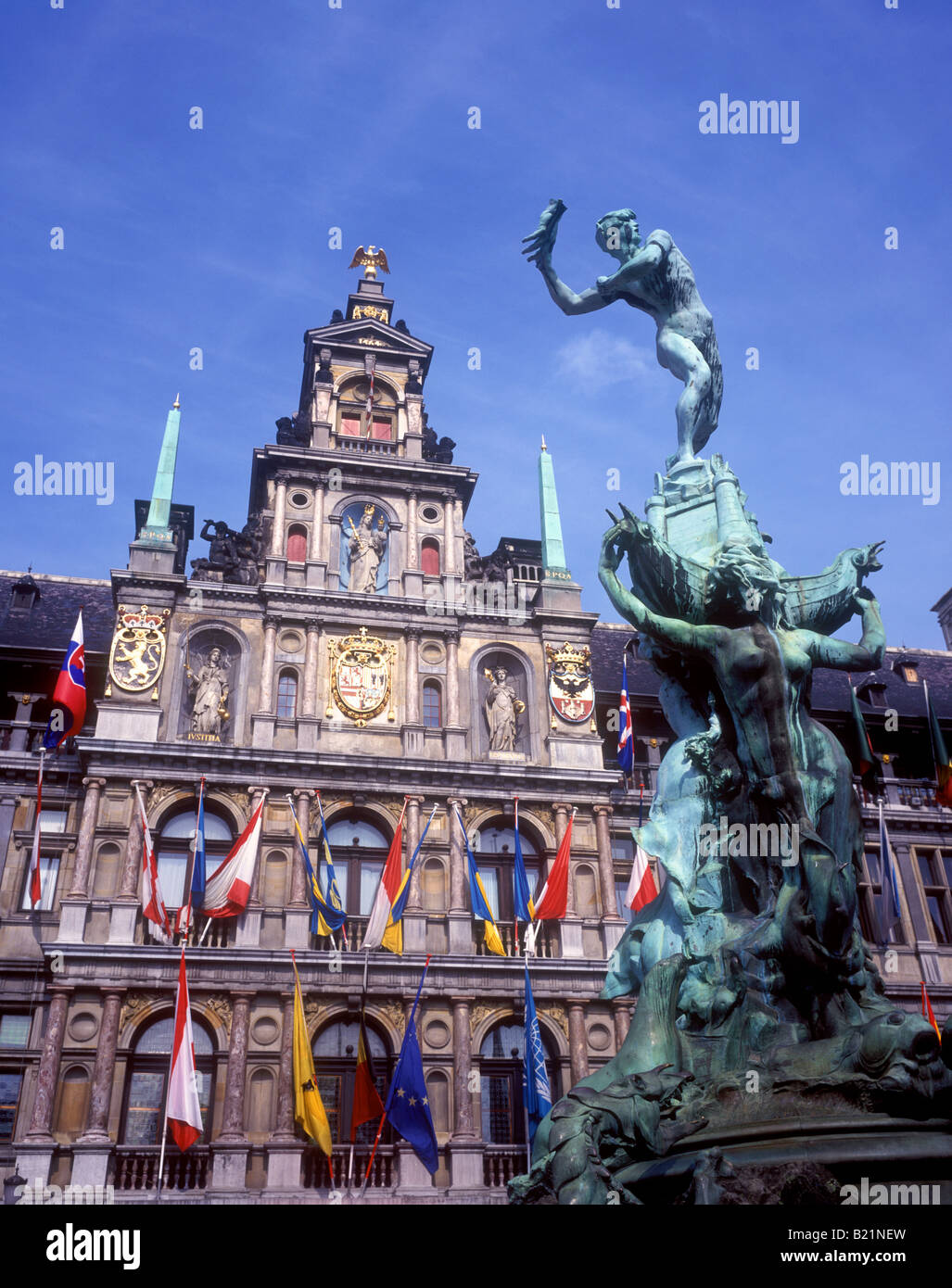 Antwerp - Statue of Brabo in front of City Hall on Grotte Market Stock ...