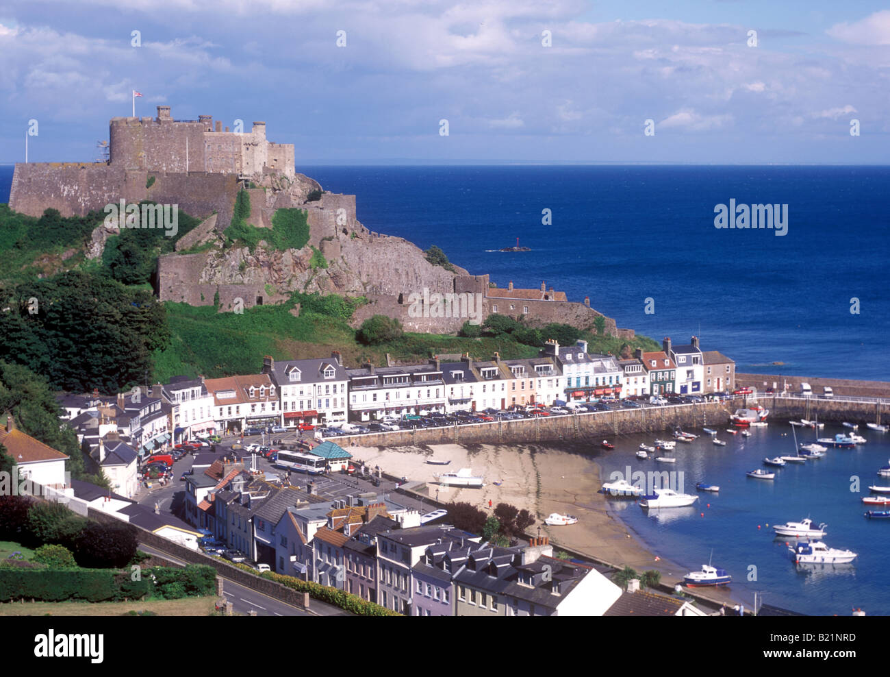 View of Gorey and Mount Orgueil Castle Stock Photo - Alamy