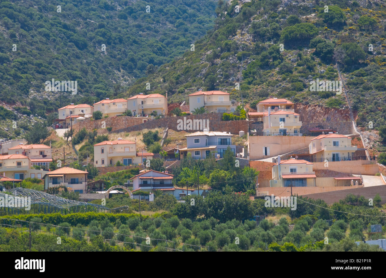 Modern hillside houses in Malia on the Greek Mediterranean island of ...