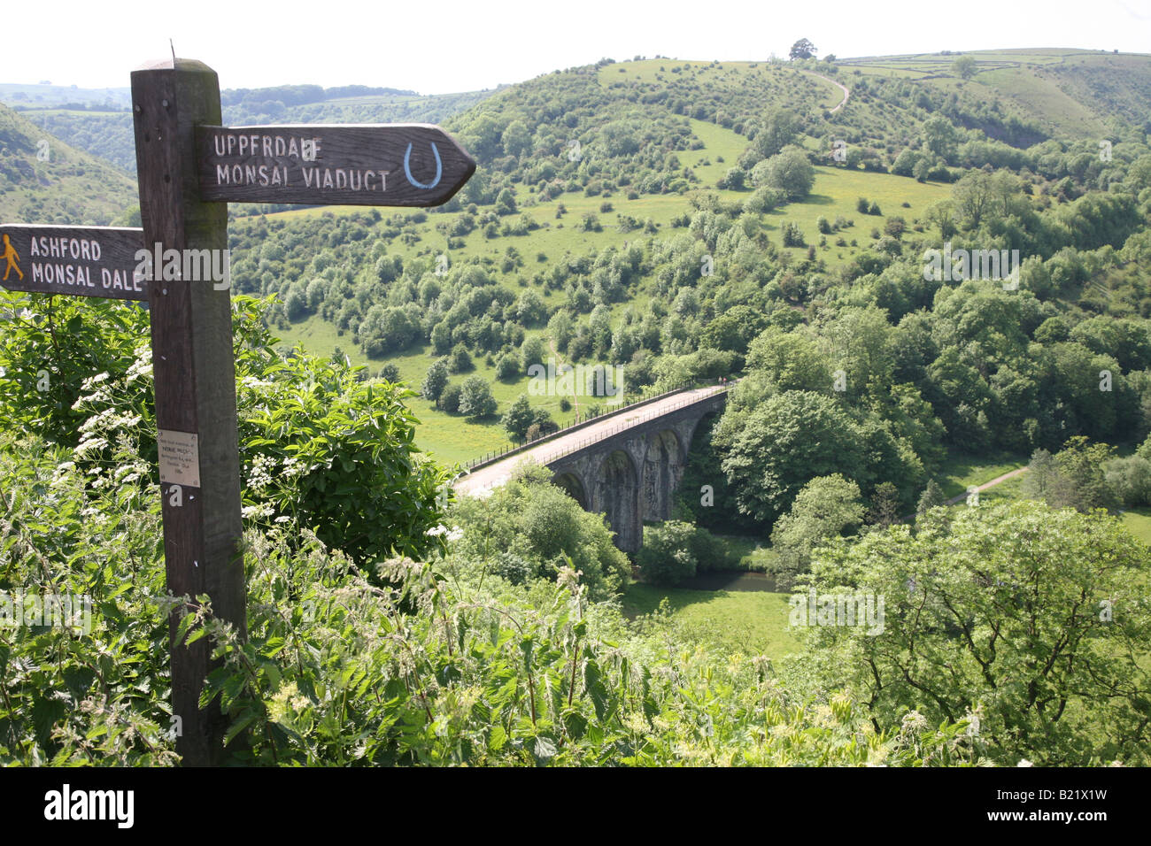 Headstone Viaduct at Monsal Head and Monsal Dale with footpath sign in ...