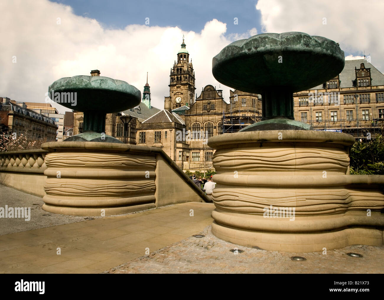 The Town Hall and Peace Garden Fountains, Sheffield City Centre on a ...