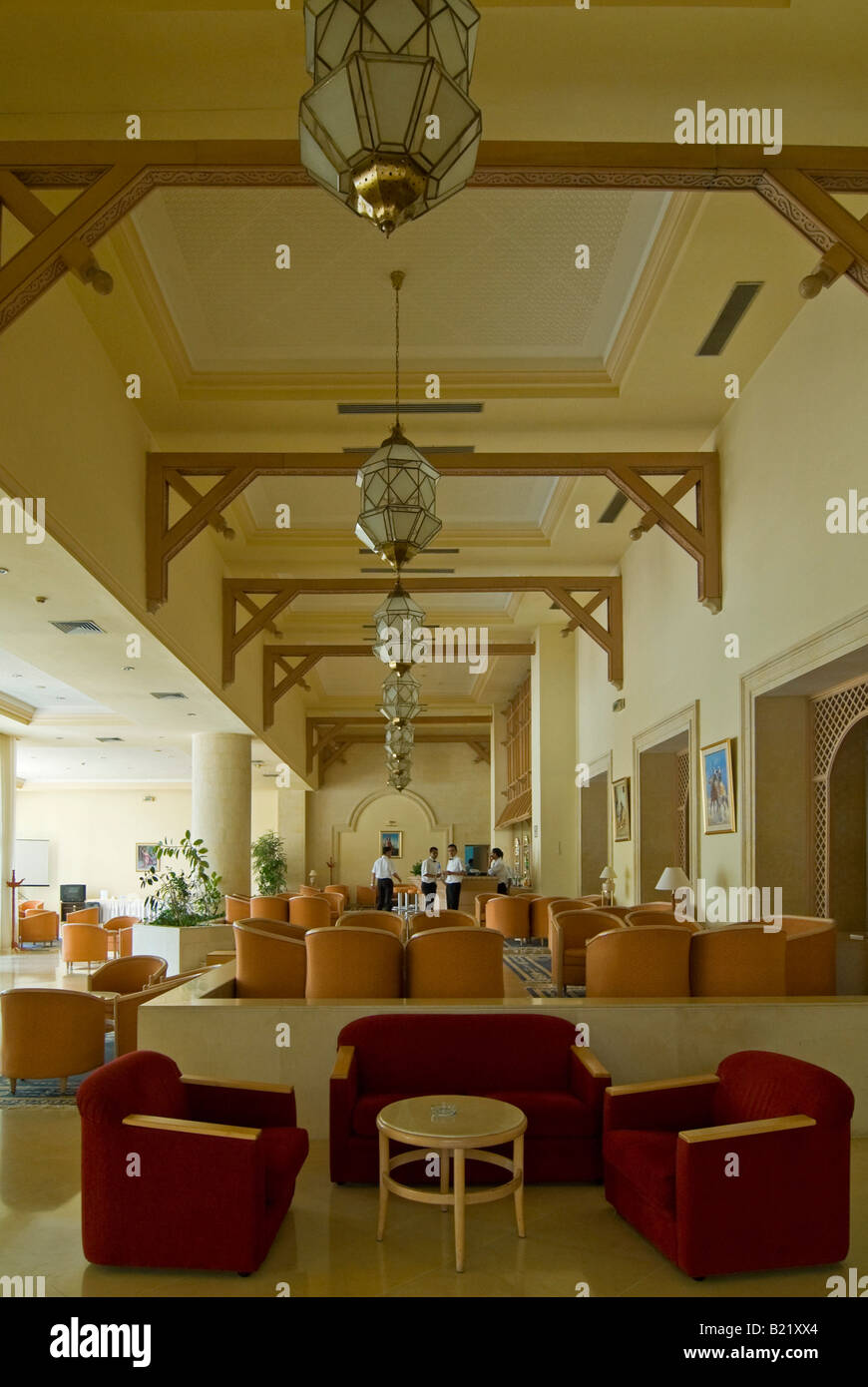 Vertical wide angle interior of the bar/cafe area of a luxury modern ...