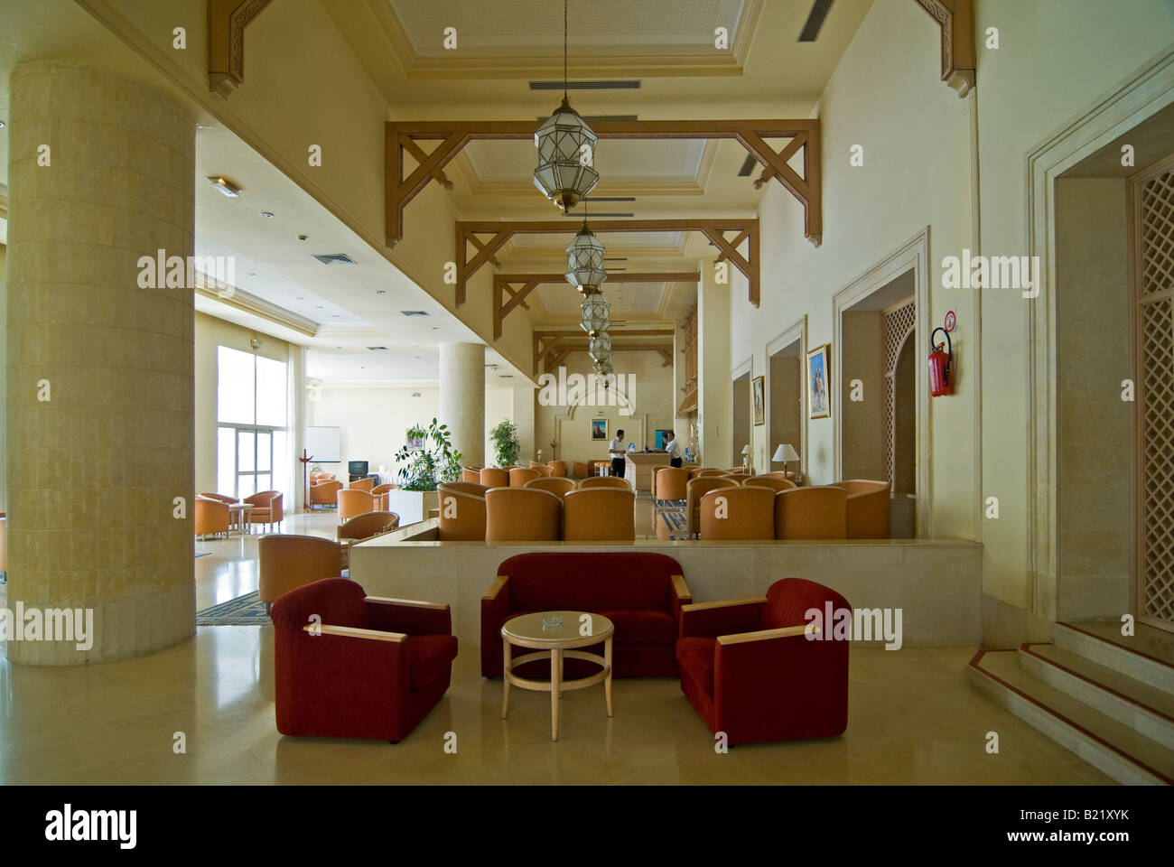 Horizontal wide angle interior of the bar/cafe area of a luxury modern ...
