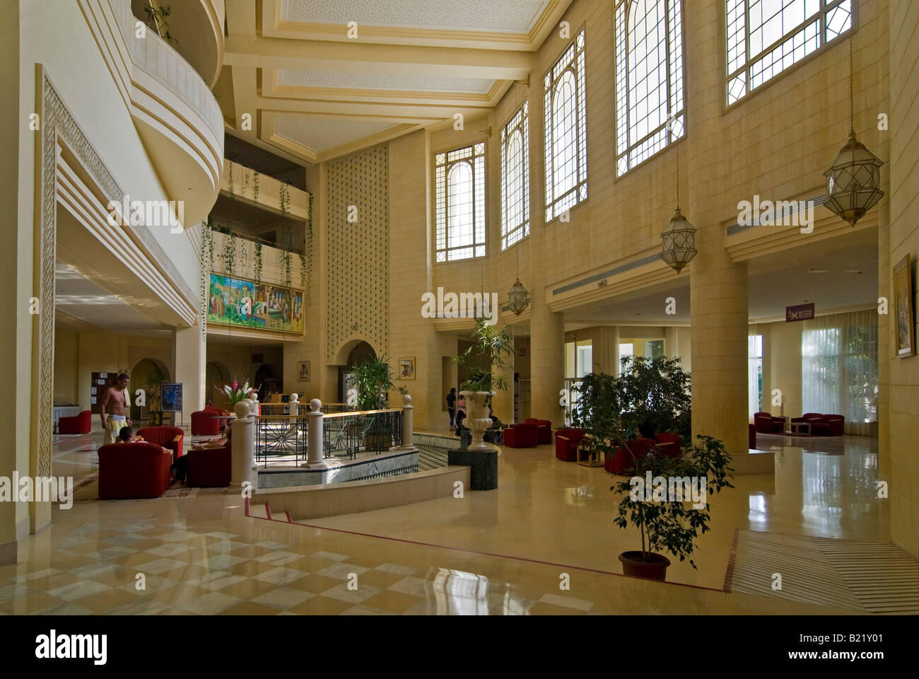 Horizontal wide angle interior of the reception area of a luxury modern ...