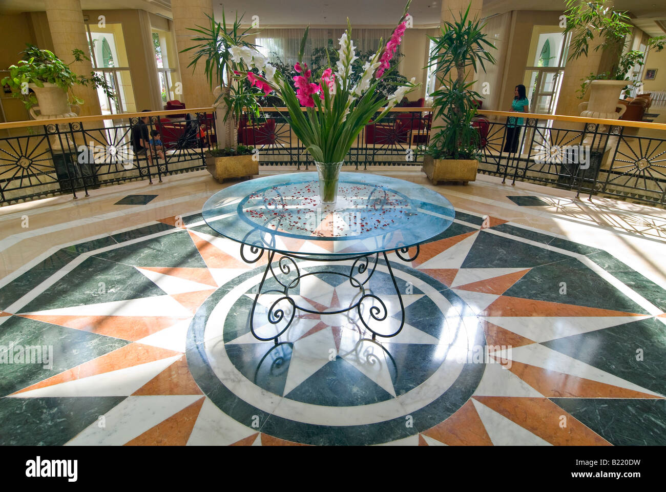 Horizontal wide angle interior of the reception area of a luxury modern ...