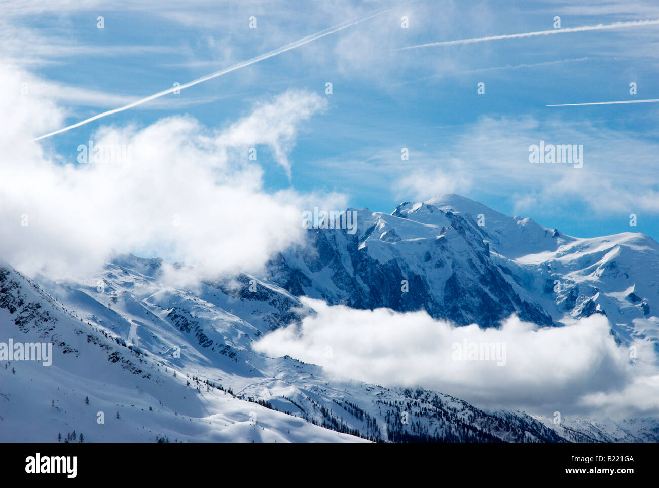 The Mont Blanc mountain range and Chamonix valley as seen from Le Tour ...