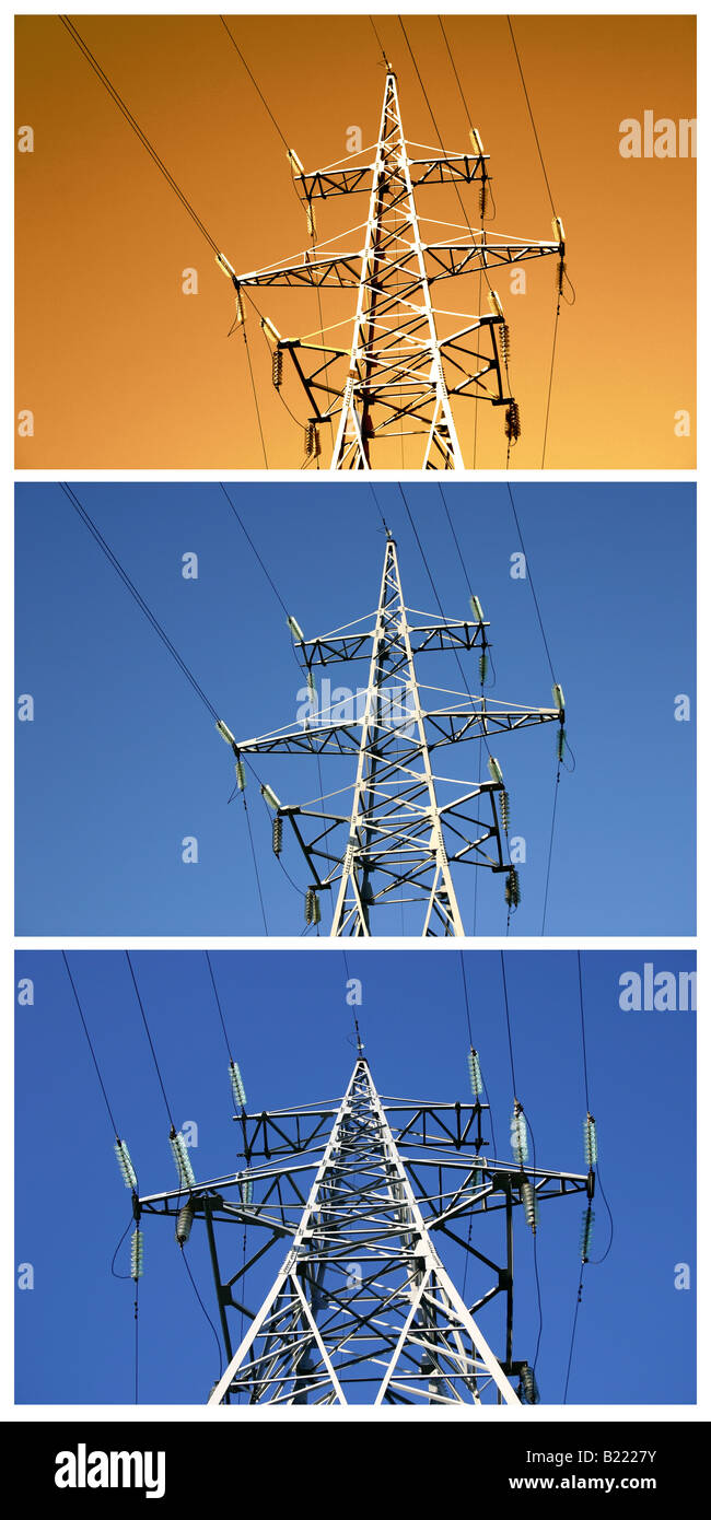 Electric power lines tower photos mix Stock Photo - Alamy
