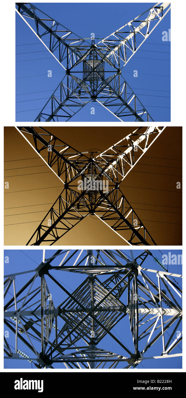 Electric power lines tower photos mix Stock Photo - Alamy