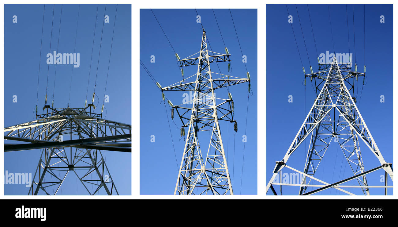 Electric power lines tower photos mix Stock Photo - Alamy