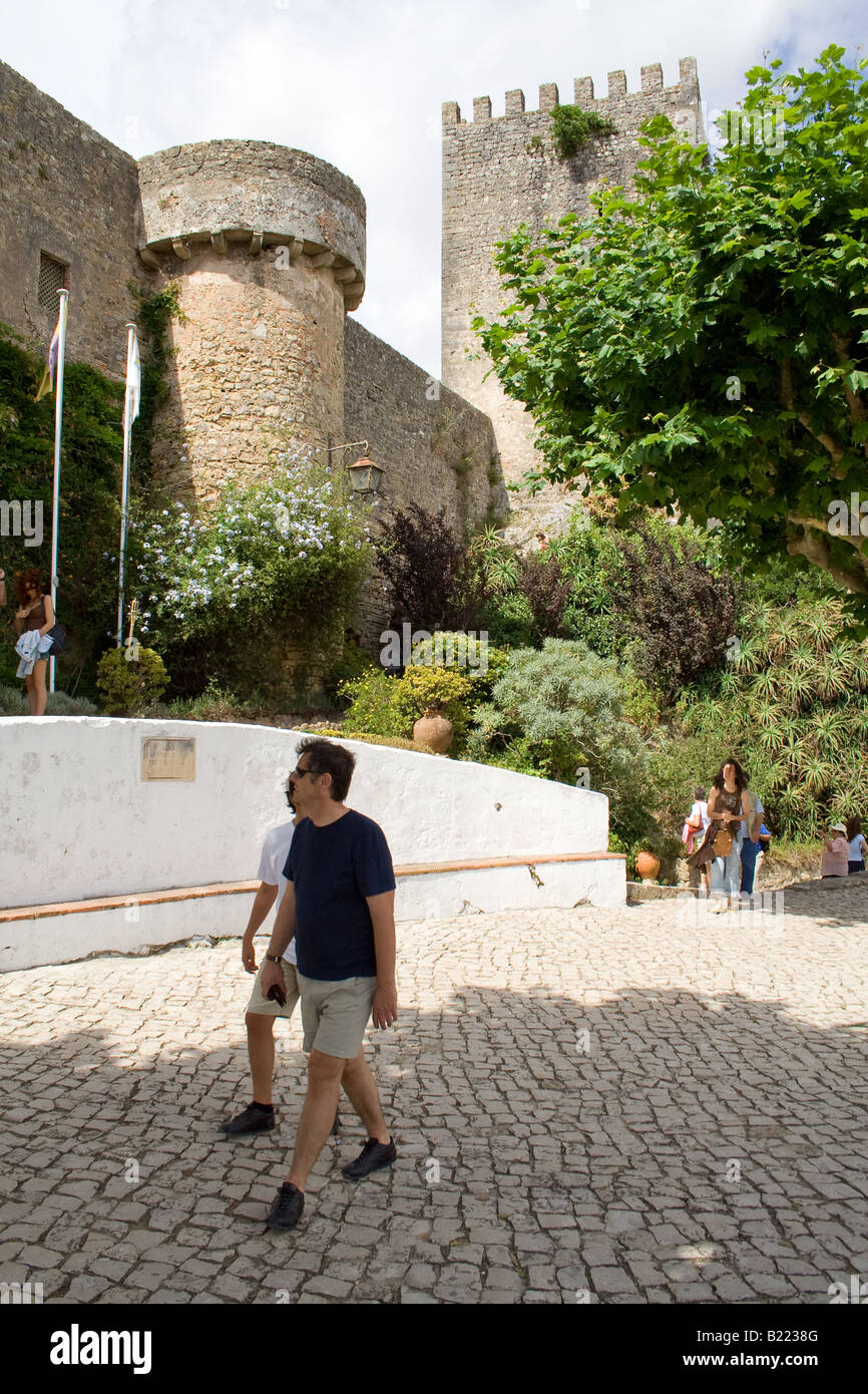 Obidos Castle walls and tower. Obidos is a very well preserved medieval ...
