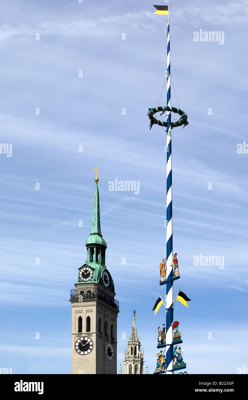 maypole and church tower in Munich Germany Europe Bavaria Stock Photo ...
