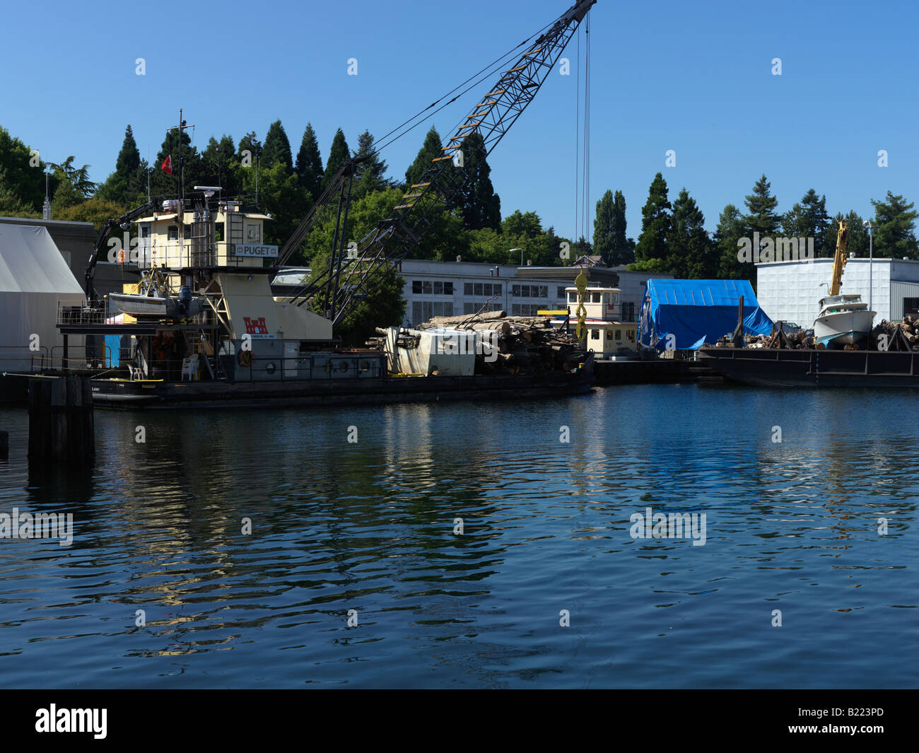 A barge loaded with logs is docked in Salmon Bay on Seattle s Lake ...