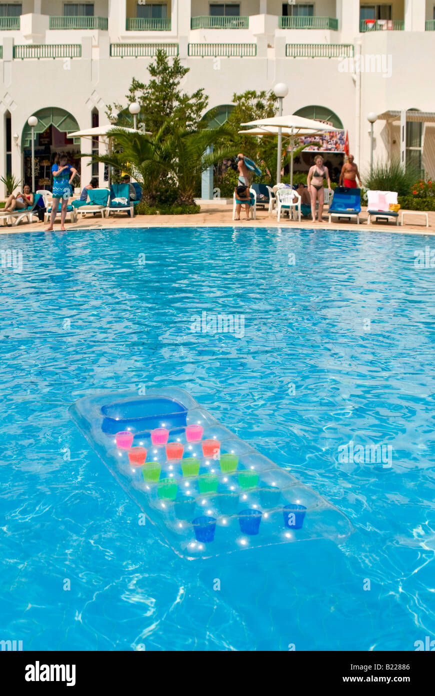 Vertical wide angle view of an empty inflatable lilo floating in a ...