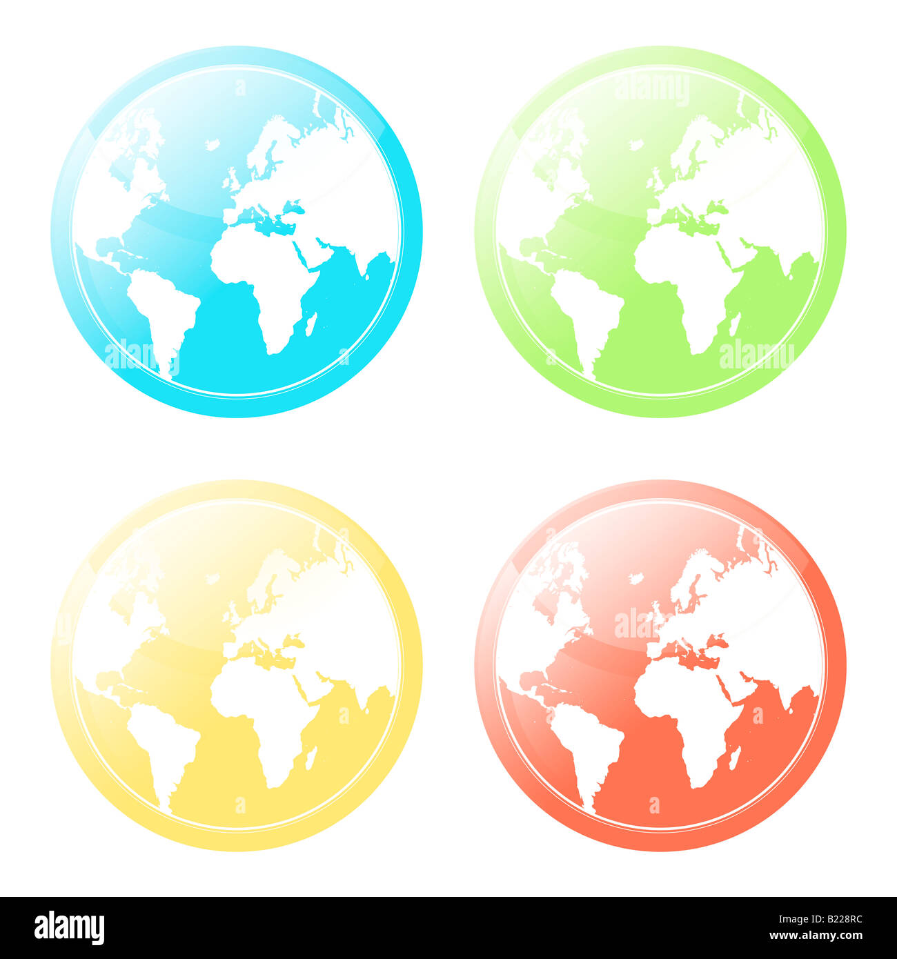 Vector illustration of four differently colored world map glossy modern ...