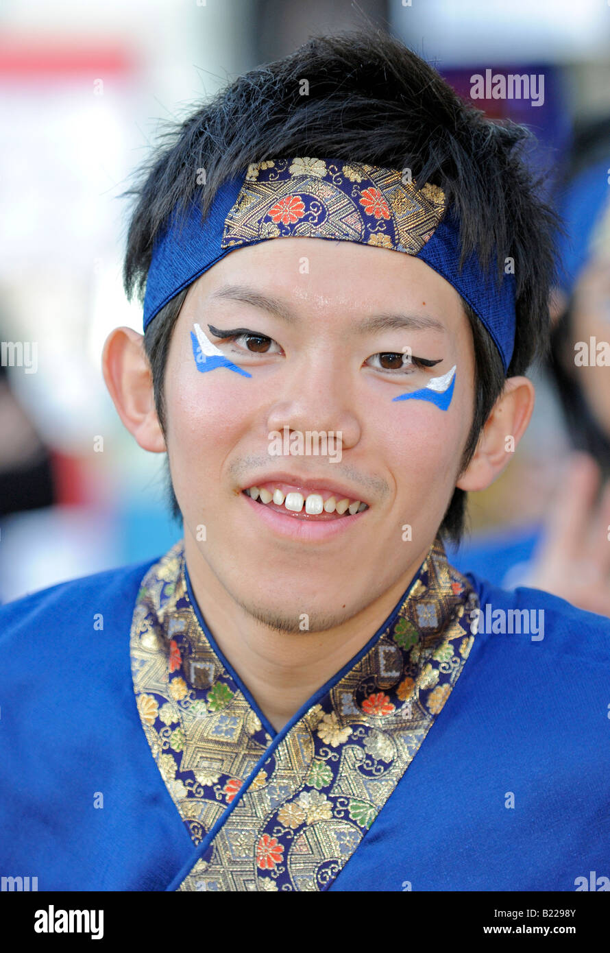 Japanese dancer with headband and painted face at Michinoku YOSAKOI ...