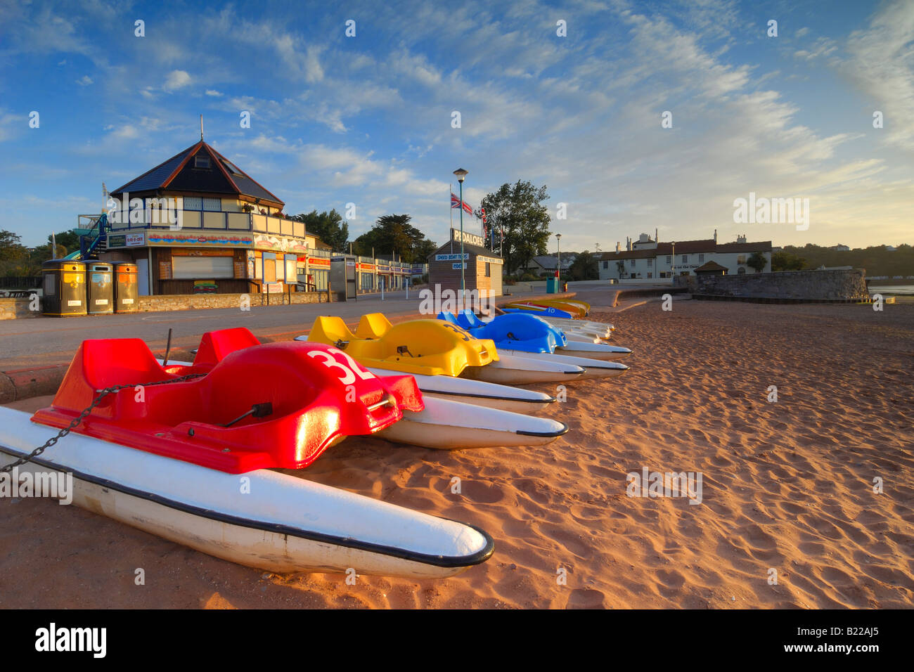 Colourful pedaloes in lovely dawn light on the promenade at Goodrington ...