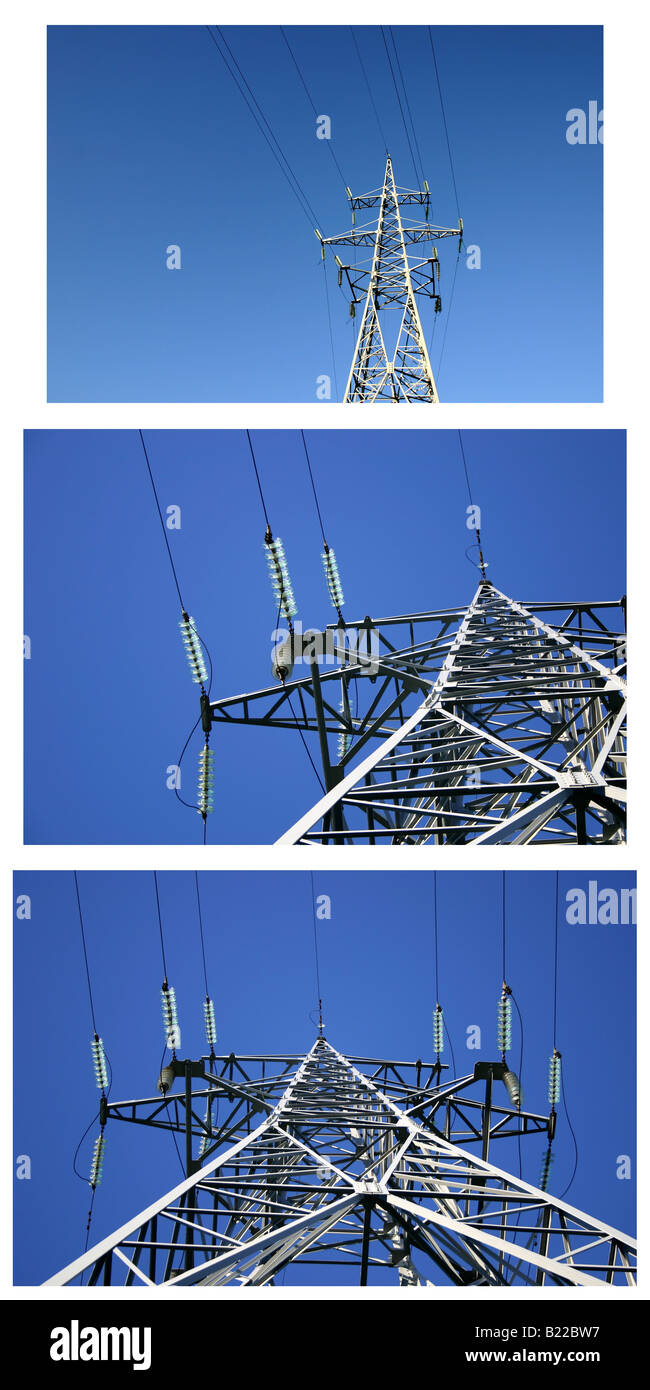 Electric power lines tower photos mix Stock Photo - Alamy