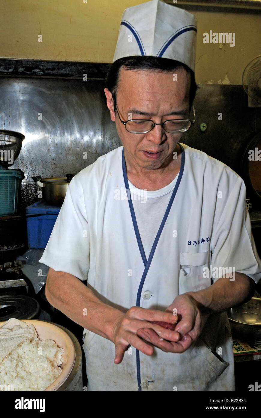 Japanese chef making sushi in Japanese sushi bar Sendai Japan Stock ...