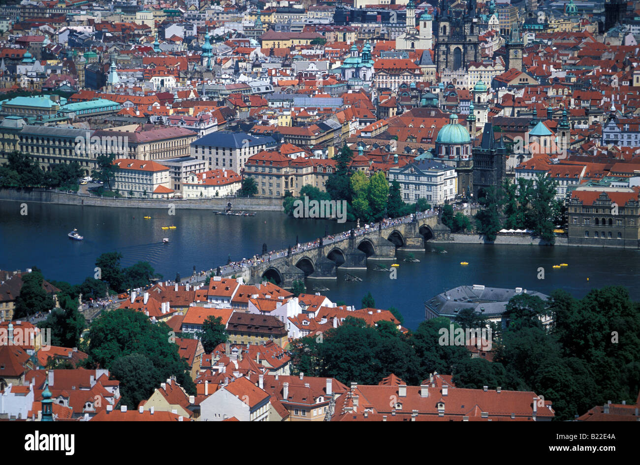 Aerial view of the Charles Bridge crossing the River Vltava Prague ...