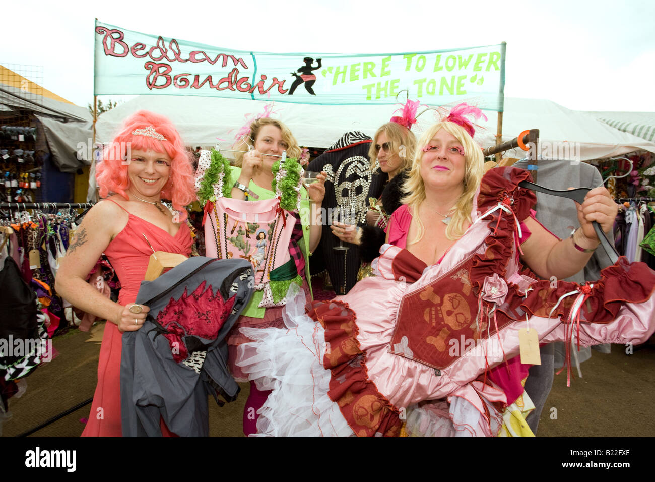 Ladies from the Bedlam Boudoir clothing stall at Glastonbury Festival ...