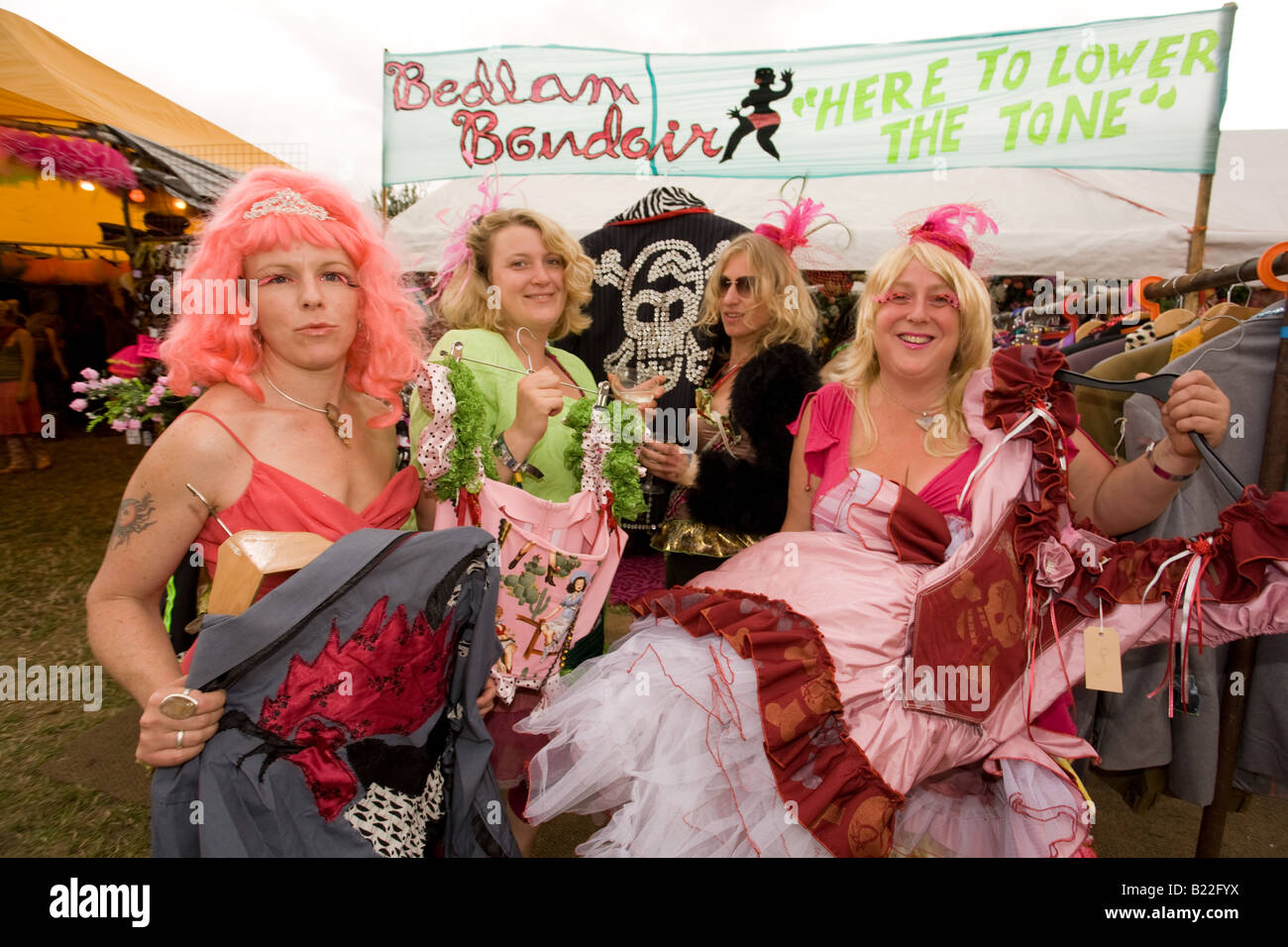 Ladies from the Bedlam Boudoir clothing stall at Glastonbury Festival ...