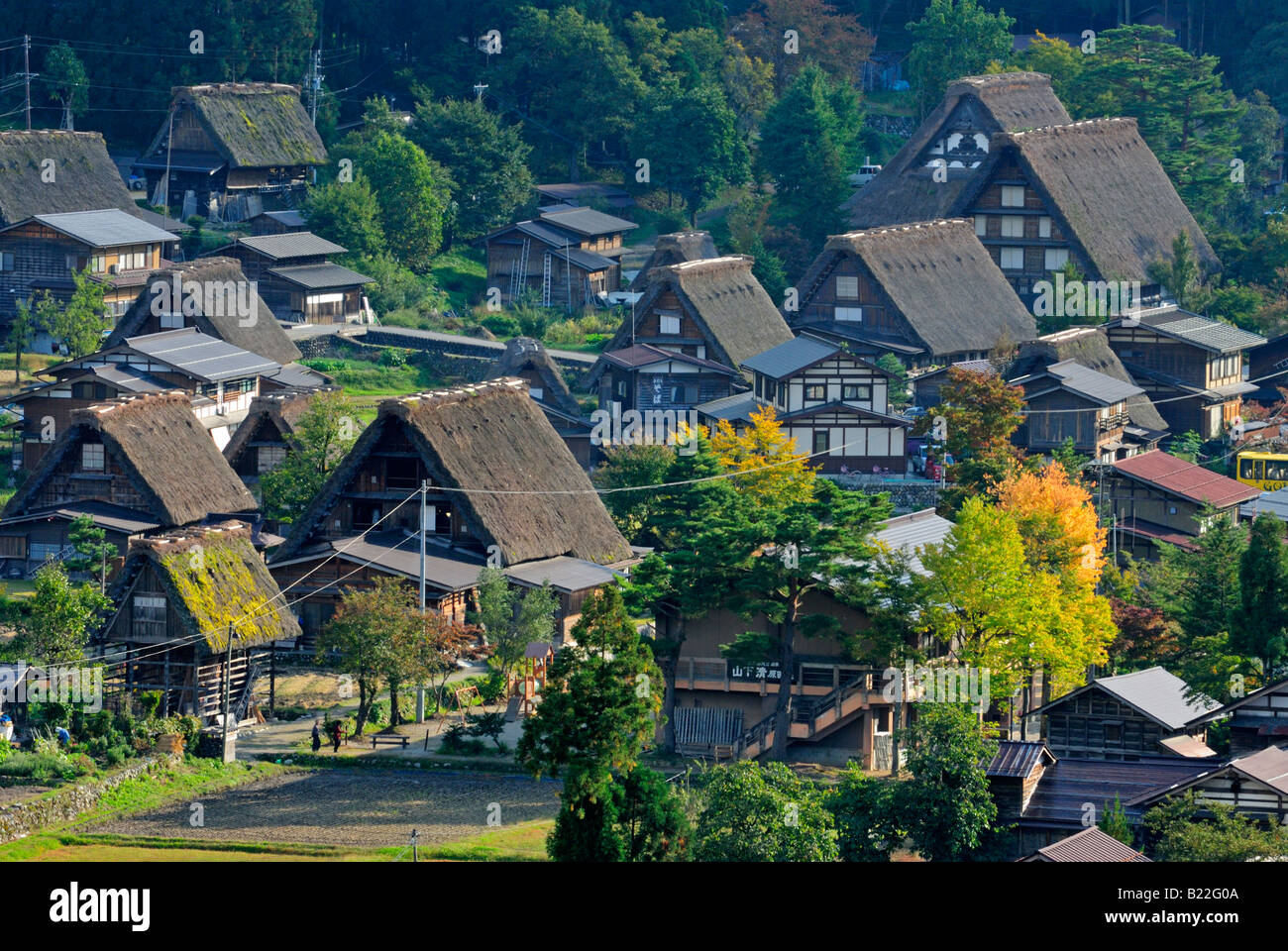 Traditional Japanese rural houses in Shirakawa village viewed from ...
