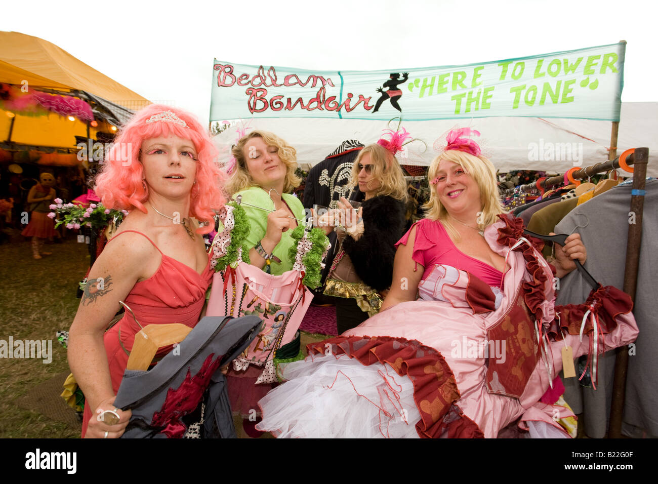 Ladies from the Bedlam Boudoir clothing stall at Glastonbury Festival ...