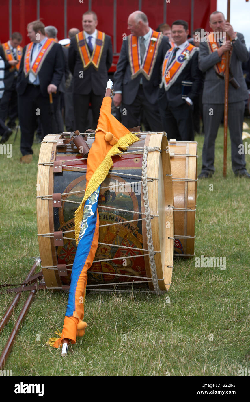 lambeg drums and loyal orange lodge banner waiting for parade during ...