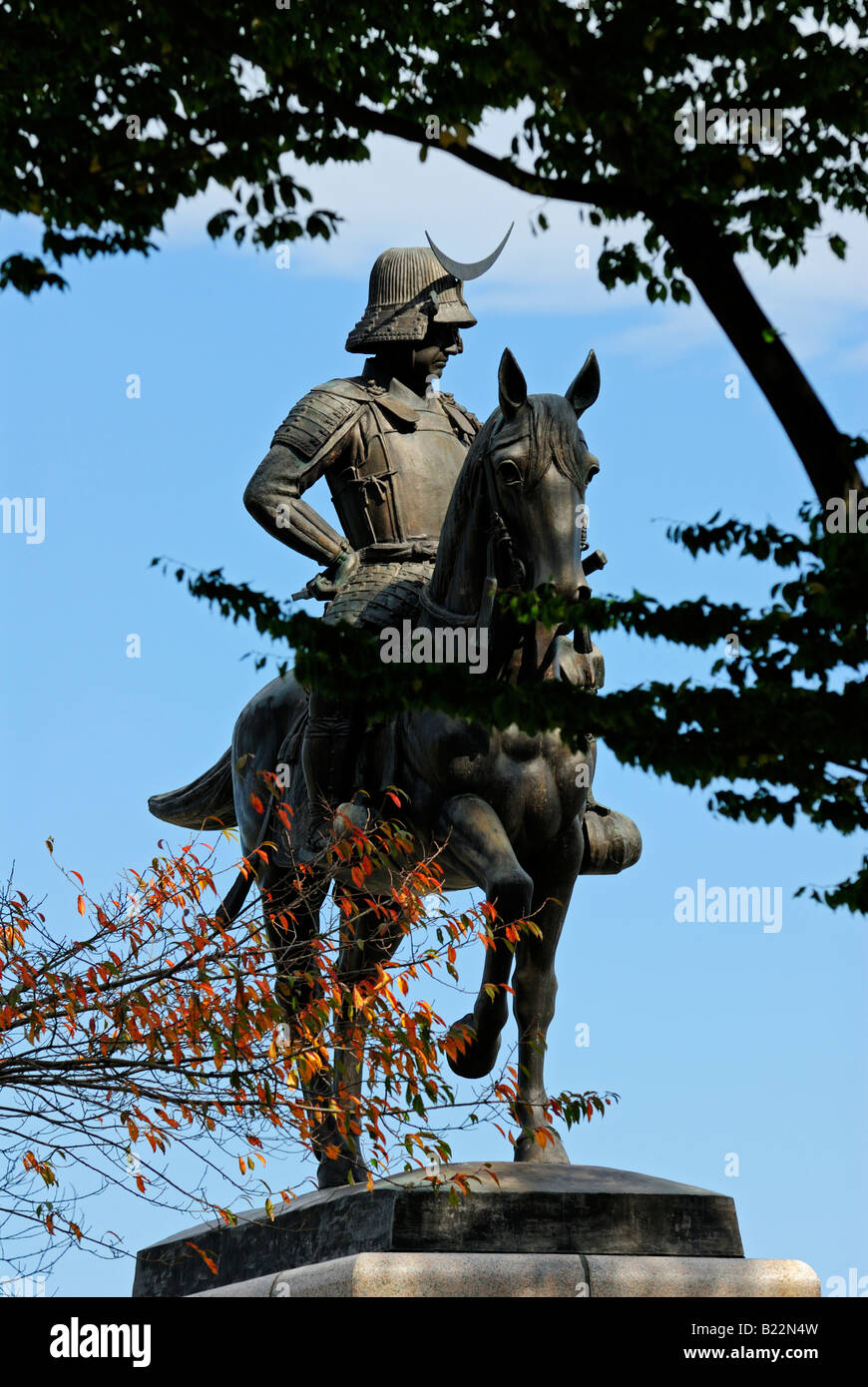 Statue of the powerful feudal lord Date Masamune at Aoba Castle Sendai ...