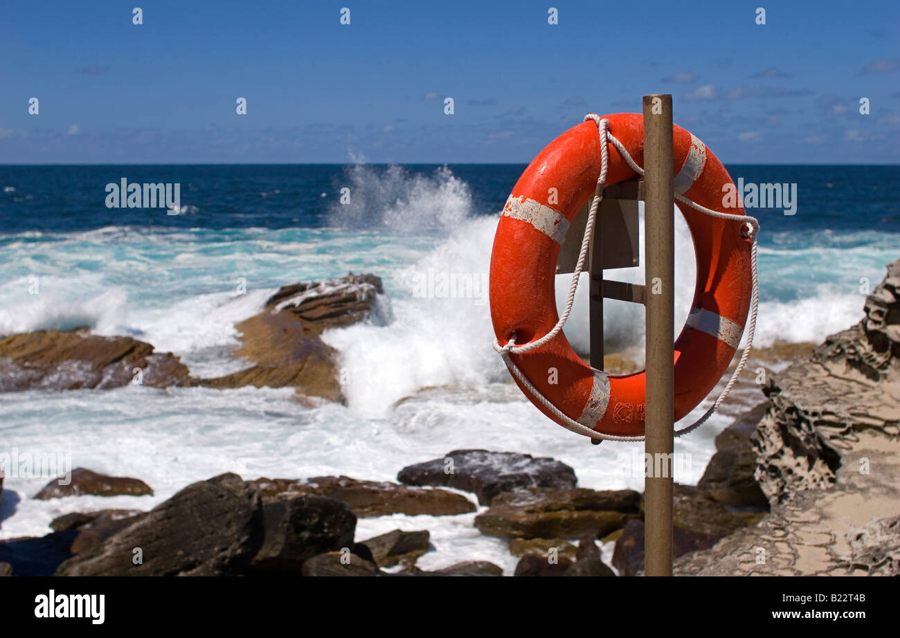 A bright orange emergency life buoy (life saver ring) sits ready for ...