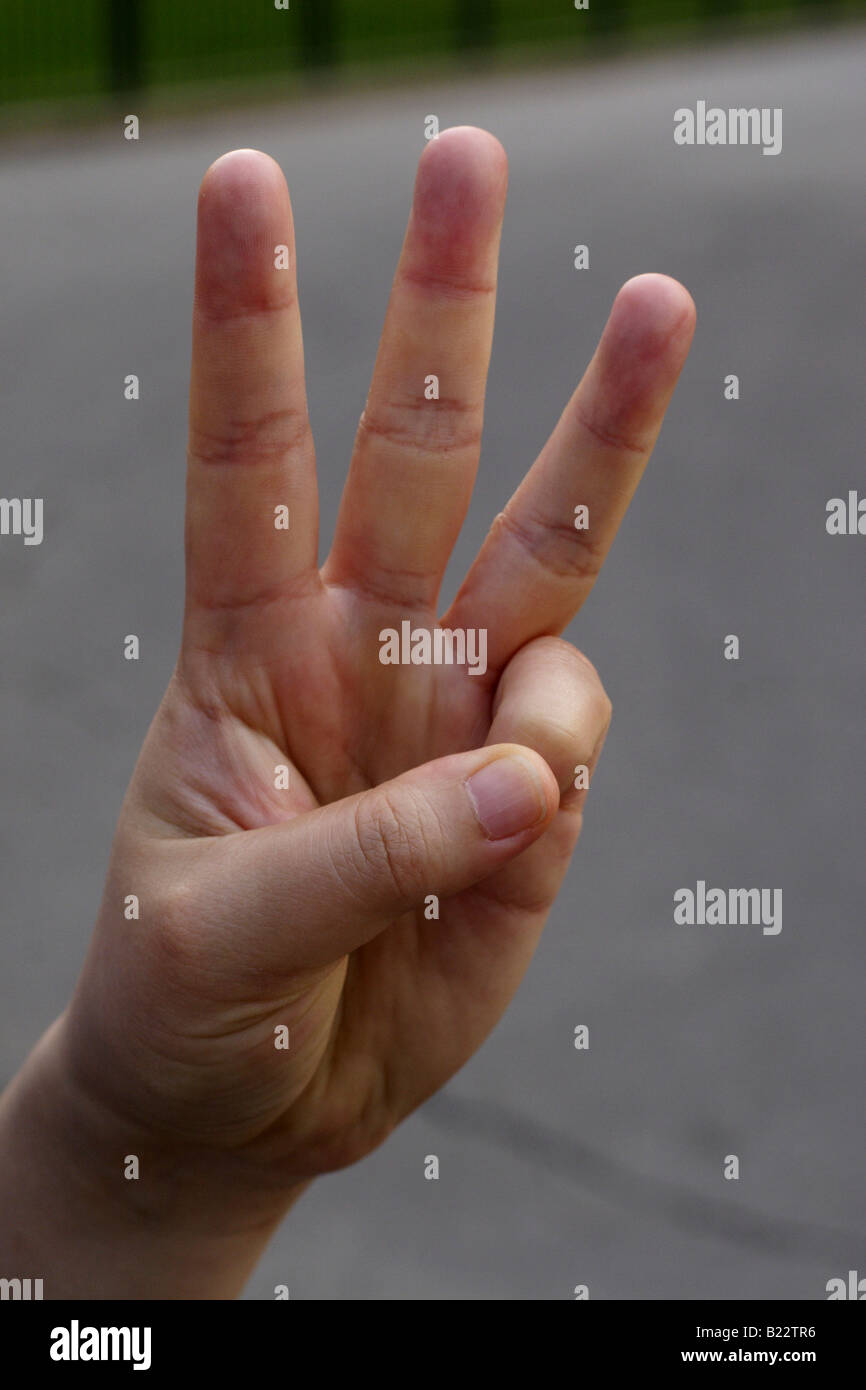 Counting by hand in China. Representing the number three (3 Stock Photo ...